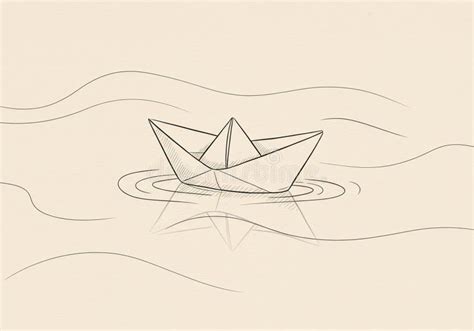 A Simple Line Drawing Features A Paper Boat Floating On Calm Water The
