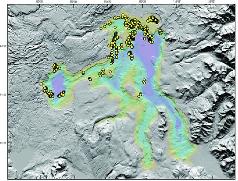 Blue Shaded Bathymetric Map Of Yellowstone Lake Surrounded By A