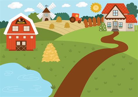 Ilustración De Paisaje De Granja Vectorial Escena De Pueblo Rural Con