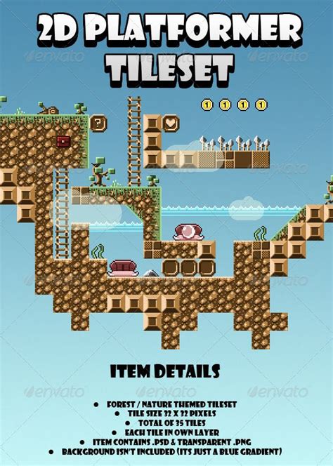 2d Platformer Tileset Nature Themed Pixel Game Assets