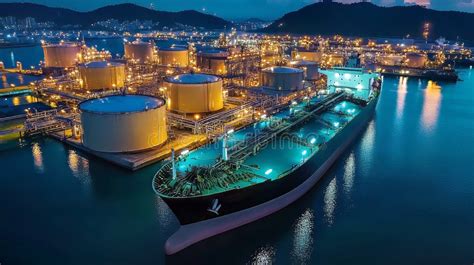 Aerial View Of Large Crude Oil Tanker Is Docked At Industrial Port