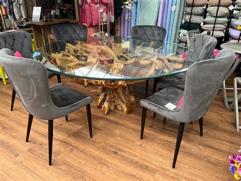 Teak Root Round Table With 180cm Round Glass Tables And Chairs