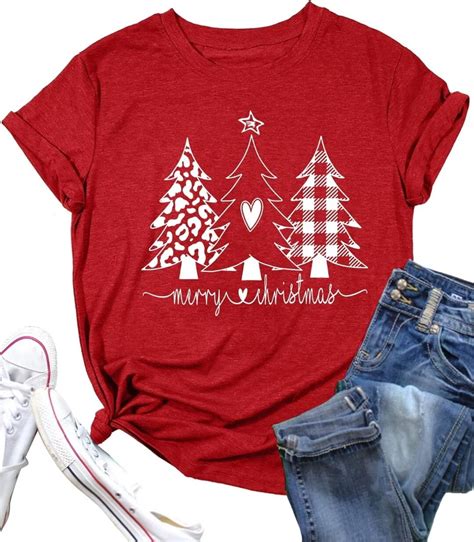 Womens Short Sleeve Merry Christmas T Shirts Christmas Tree Bright