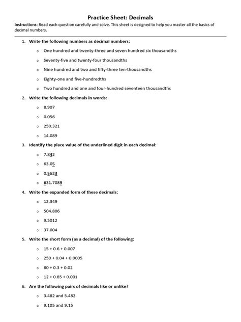 Decimal Practice Sheet Pdf