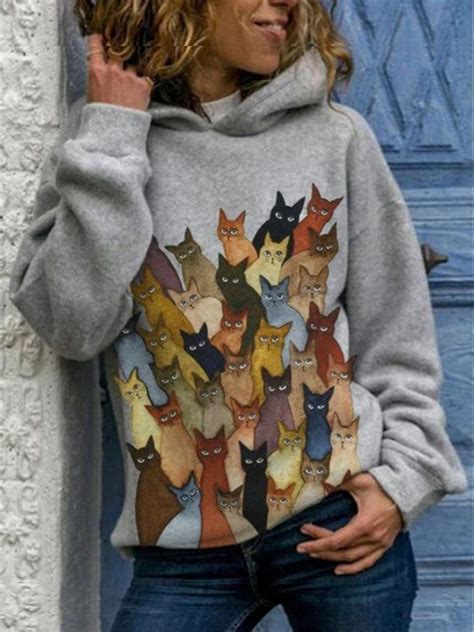 Extra Cozy Cats Printed Long Sleeve Hooded Sweatshirt Wine Red S