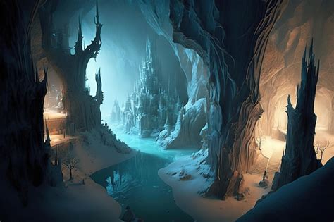 Premium Photo A Frozen Cave With A Light On It And A Candle On The Bottom
