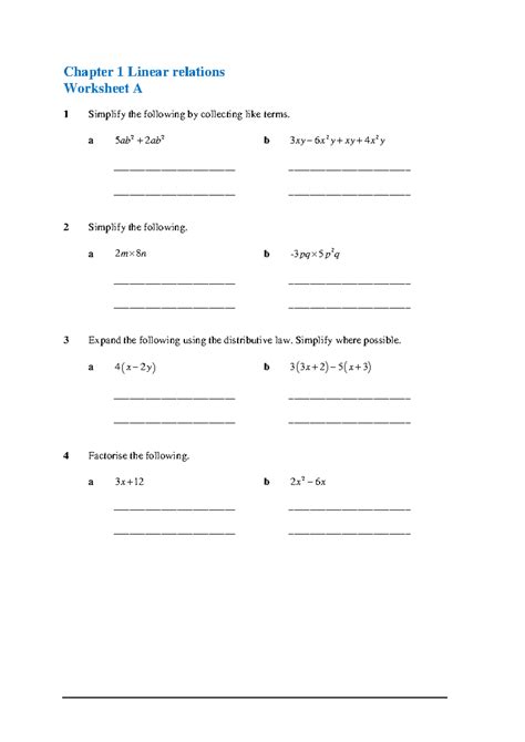 1 2 Linear Equations 1 Math Chapter 1 Linear Relations Worksheet A