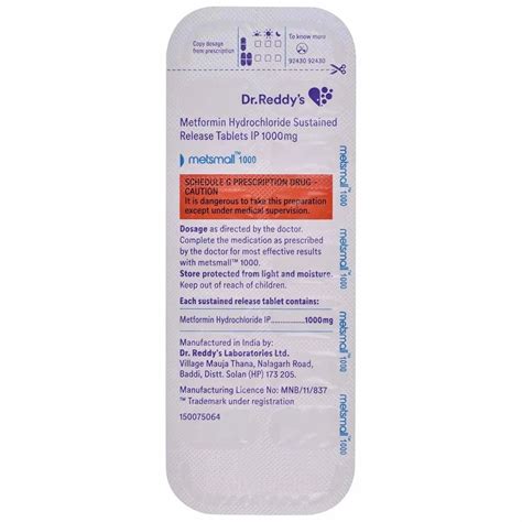 1000mg Metsmall 1000 Metformin Hydrochloride Sustained Release Tablet
