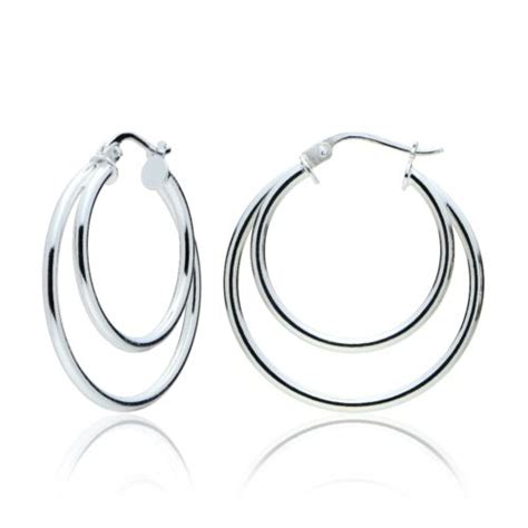 Sterling Silver Double Circle Round Tube Polished Hoop Earrings 25mm