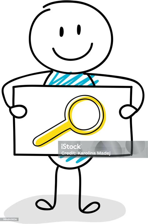 Smiley Stickman Holding Board With Magnifier Icon Vector Stock Illustration Download Image Now