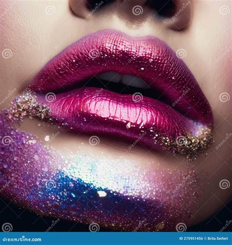 Generative Ai Beautiful Glitter Lips Hyperreal Holographic Silver Pink Glitter Lips Glitter