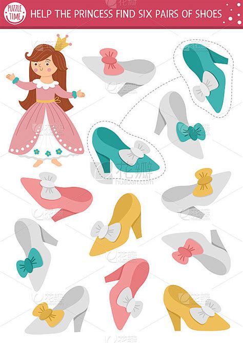 找几双公主鞋。儿童童话配对活动。魔法王国教育测验工作表为孩子的注意力技能。简单的印刷游戏与可爱的灰姑