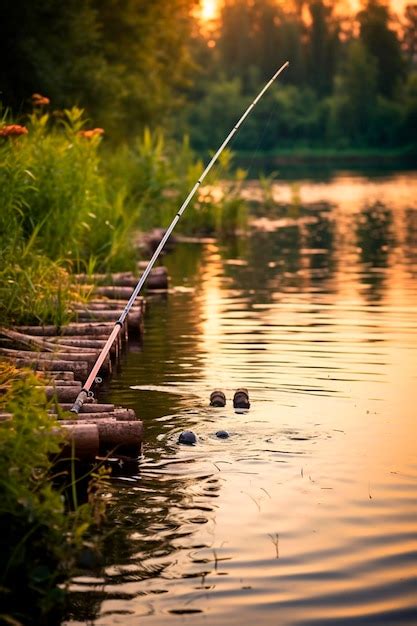 Premium Ai Image Fishing Fishing Rod On The Background Of The River