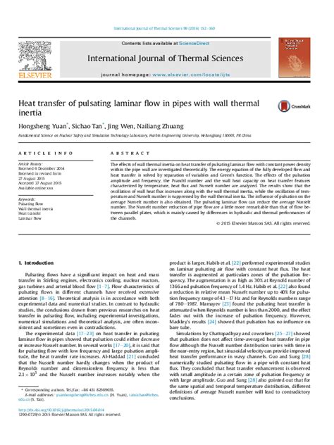 Pdf Heat Transfer Of Pulsating Laminar Flow In Pipes With Wall