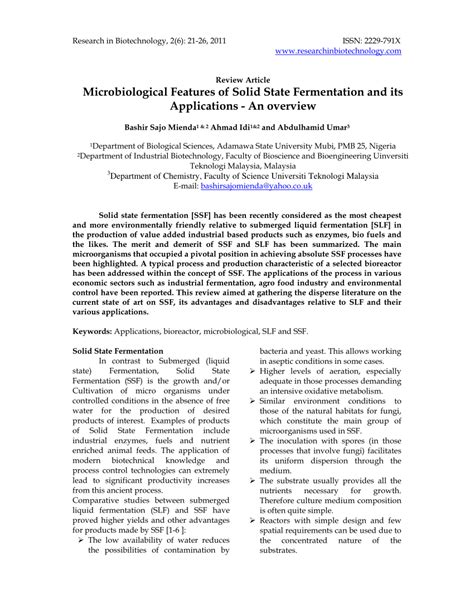 Pdf Microbiological Features Of Solid State Fermentation And Its