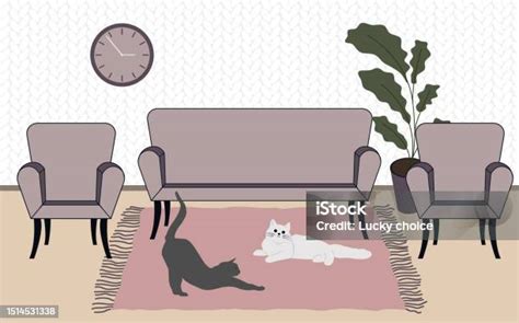 소파와 두 개의 안락의자가 있는 가정 환경의 그림 어둡고 밝은 색의 고양이 두 마리가 바닥의 카펫 위에 쉬고 있습니다 벽지 아늑한 니트 Textry 0명에 대한 스톡 벡터