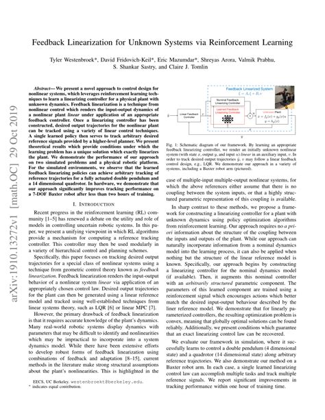 Pdf Feedback Linearization For Unknown Systems Via Reinforcement Learning