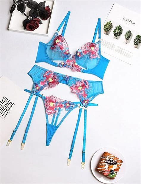 Yahoo オークション Y031 ランジェリーセット 水色 花柄刺繍ガーター