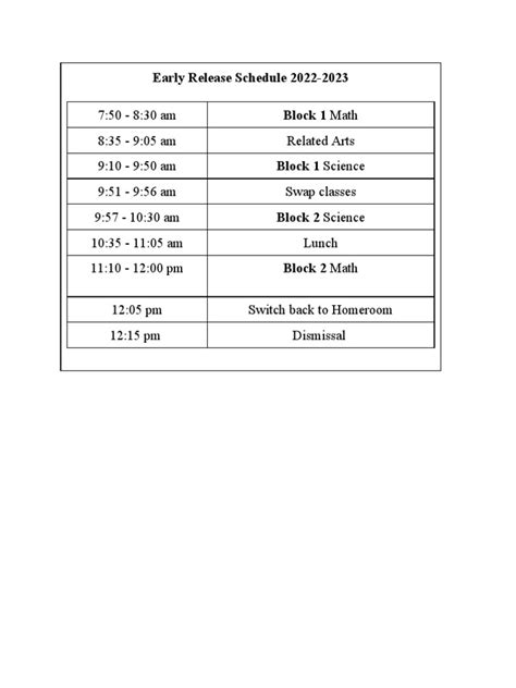 Early Release Schedule Pdf Early Release Schedule Pdf