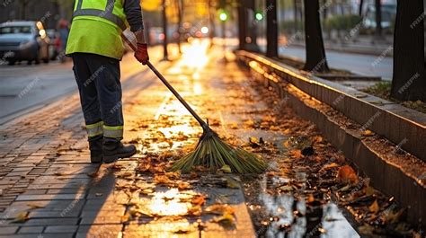 Premium Photo Municipal Worker Sweeping Road At Fall Day