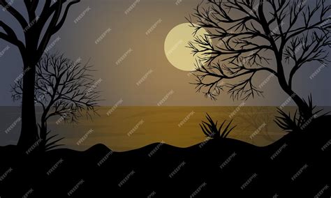 달 풍경 일러스트와 함께 호수와 산 야생 자연 배경 프리미엄 벡터