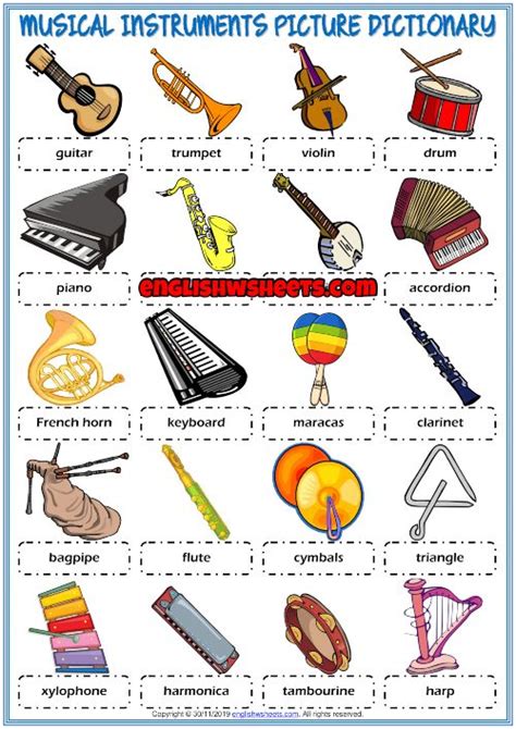 Musical Instruments ESL Picture Dictionary Worksheet For Kids Уроки музыки Музыка Винтажные
