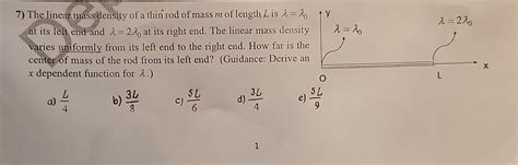 Solved 7 The Linear Mass Density Of A Thin Rod Of Mass M Of