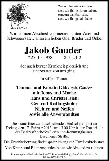Traueranzeigen Von Jakob Gauder Trauer In Nrw De