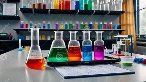 A Science Experiment Setup With Colorful Chemicals And Notes In A