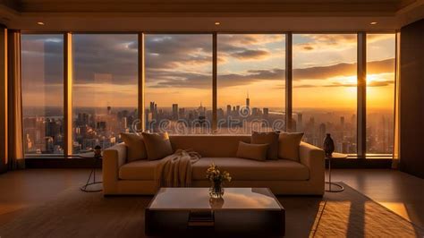 Luxurious Apartment Interior With A Stunning Sunset View Of The City