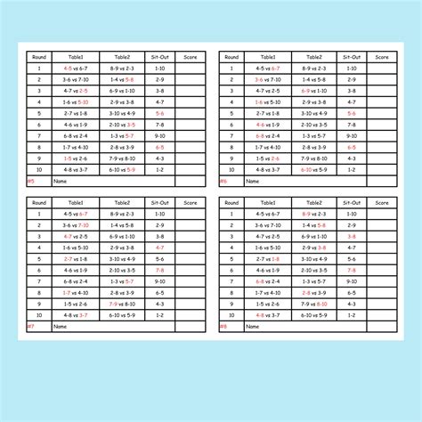 10 Person Euchre Tournament Rotation Score Card