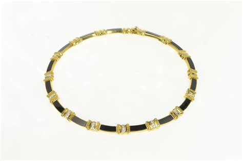 14k Black Onyx Inlay Diamond Ornate Statement Yellow Gold Necklace 15
