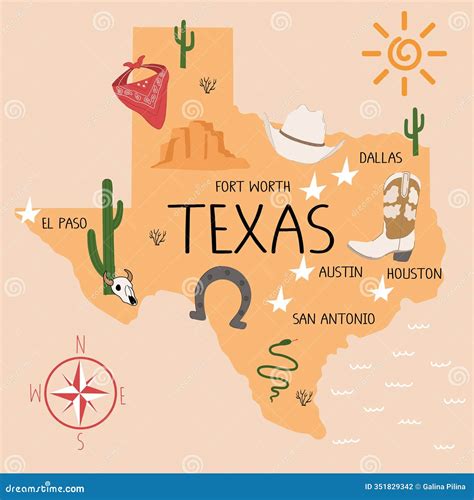 A Cute Illustrated Map Of Texas A Western Usa State With Doodle