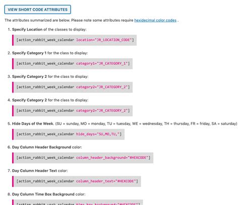 Weekly Class Calendar Shortcode Documentation Action Rabbit