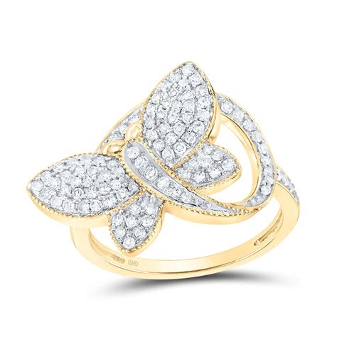 10k Yellow Gold Womens Round Diamond Butterfly Ring 12 Cttw Womens