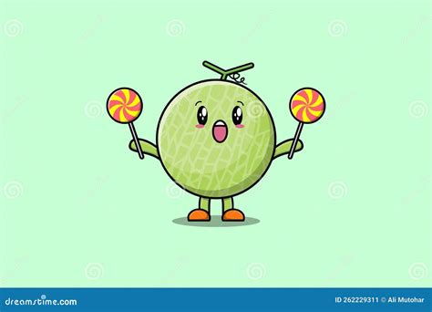 Cute Cartoon Melon Character Hold Lollipop Candy Stock Vector Illustration Of Food Mascot