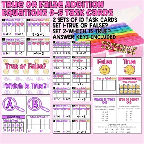 Valentines Day True Or False Addition 0 5 Task Cards With Answer Key