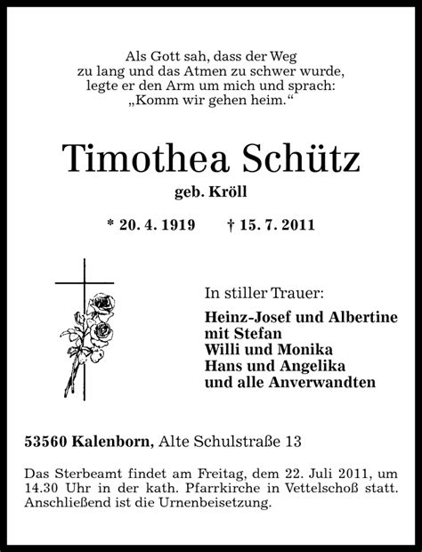 Traueranzeigen Von Timothea Schütz Rz Trauer De