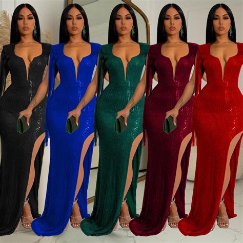 Moda Feminina Elegante Lantejoulas Sem Mangas De Noiva Tassel Split