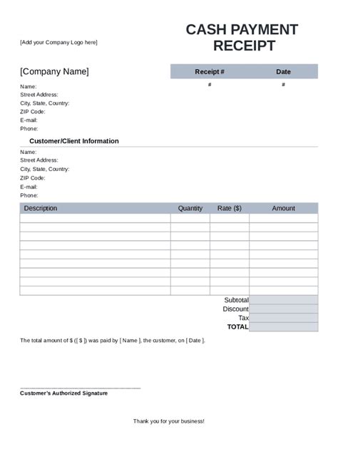 Cash Payment Receipt Blank Fillable Template Fill Out Print