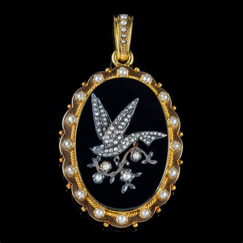 Antique Victorian Dove Locket Onyx Diamond Pearl 18ct Gold Circa 1880