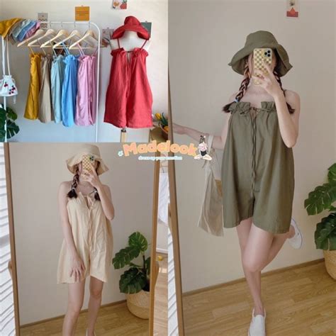 🐻camping Js จั๊มพ์สูทสายเดี่ยวขาสั้น แถมหมวกเข้าเซต1ใบ ผ้าฝ้ายลินินใส่สบาย จั๊มสายเดี่ยวหมวก