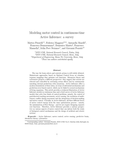 2023 Modeling Motor Control In Continuous Time Active Inference A Survey Pdf Motor Control
