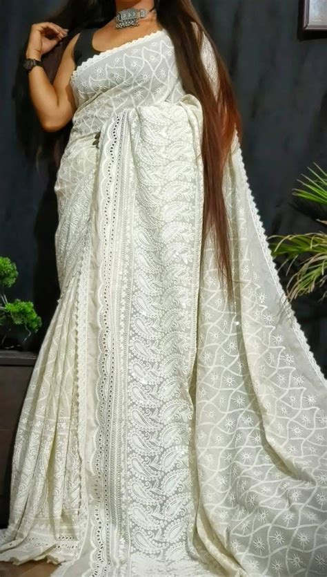 Beautiful Pure Cotton Chikankari Saree With Blouse Piece Mercerised