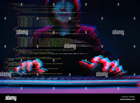 Hacker Working With Computer In Dark Room With Digital Interface Around Image With Glitch