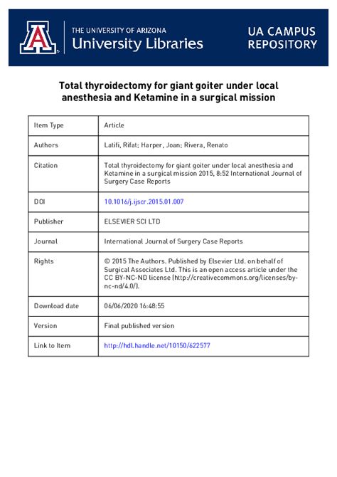 Pdf Total Thyroidectomy For Giant Goiter Under Local Anesthesia And