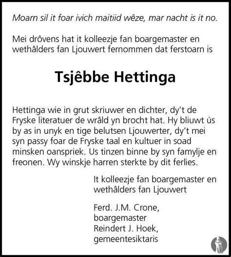 Tsjêbbe Piter Hettinga 07 03 2013 Overlijdensbericht En Condoleances Mensenlinq Nl