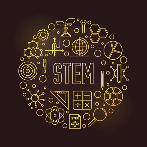 Stem Round Golden Banner Vector Illustration In Thin Line Style