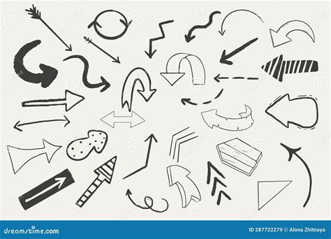Set Arrow Pointer Ink Lines Textured Shapes Hand Drawn Decorative Elements In Doodle Style