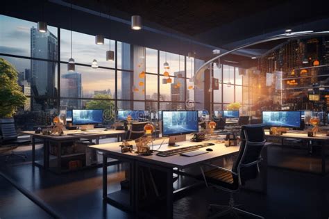 Modern Office Interior With Computers And City View Stock Illustration Illustration Of Meeting